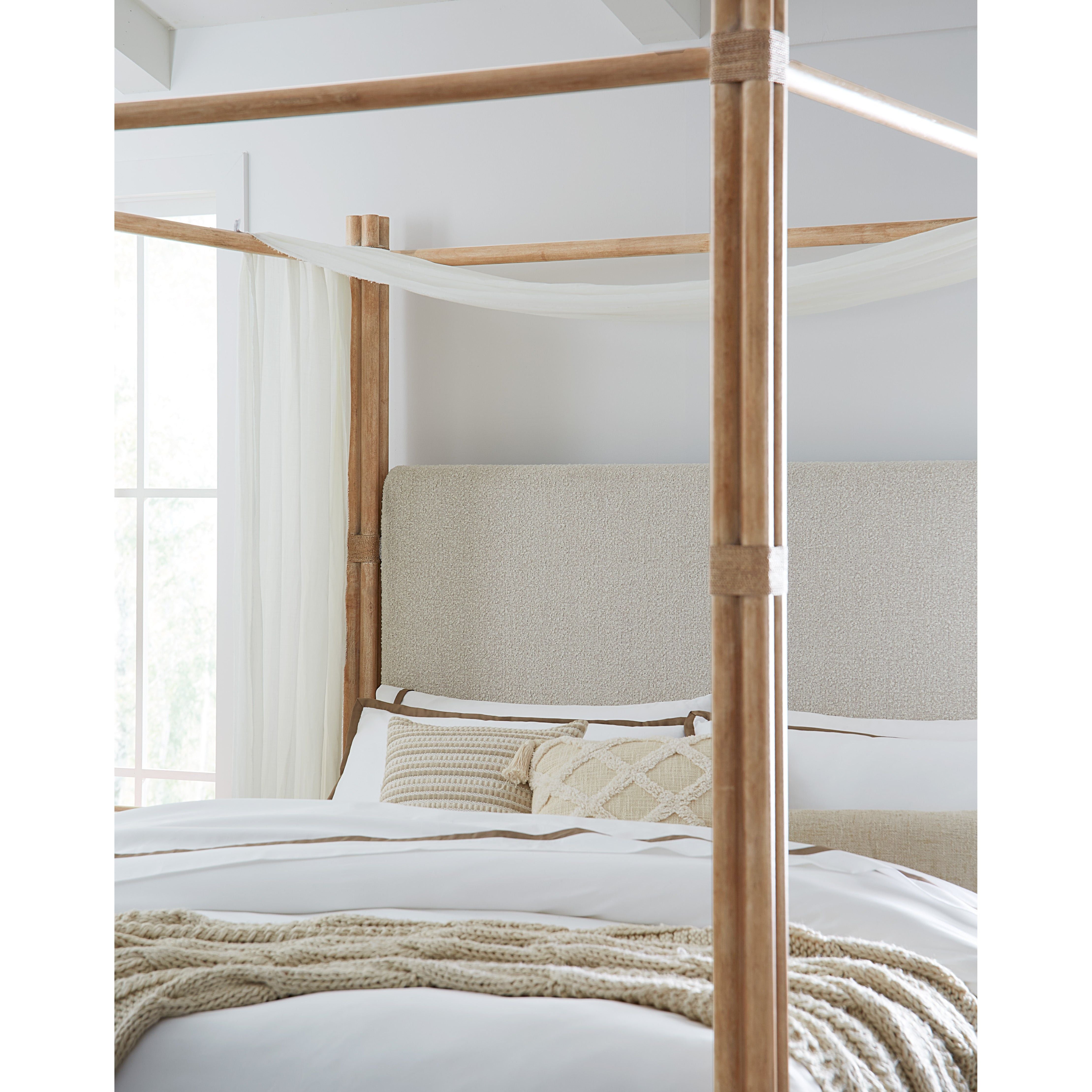 Retreat Pole Rattan King Upholstered Poster Bed with Canopy - Light Wo ...